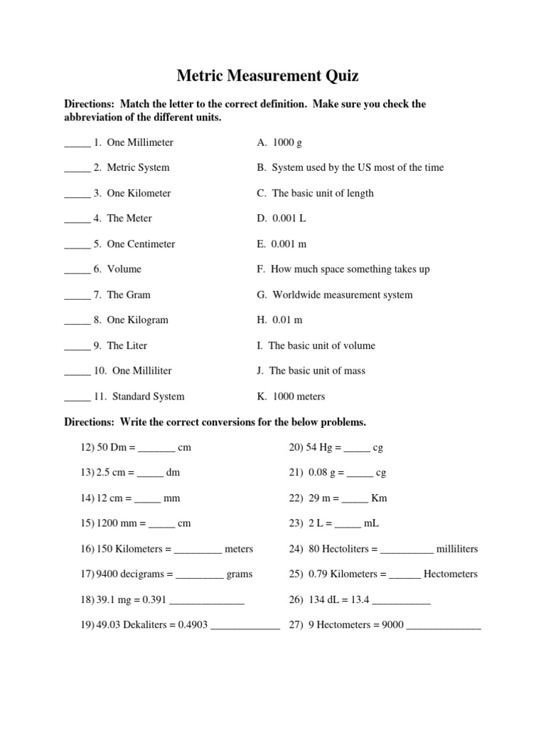 Metric Assessment | PDF | Litre | Volume