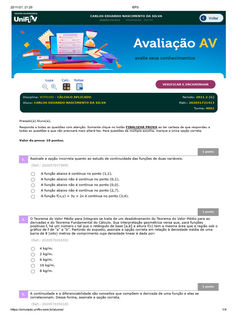 UNIFBV_ PROVA CALCULO APLICADO EM BRANCO | PDF | Derivado | Cálculo
