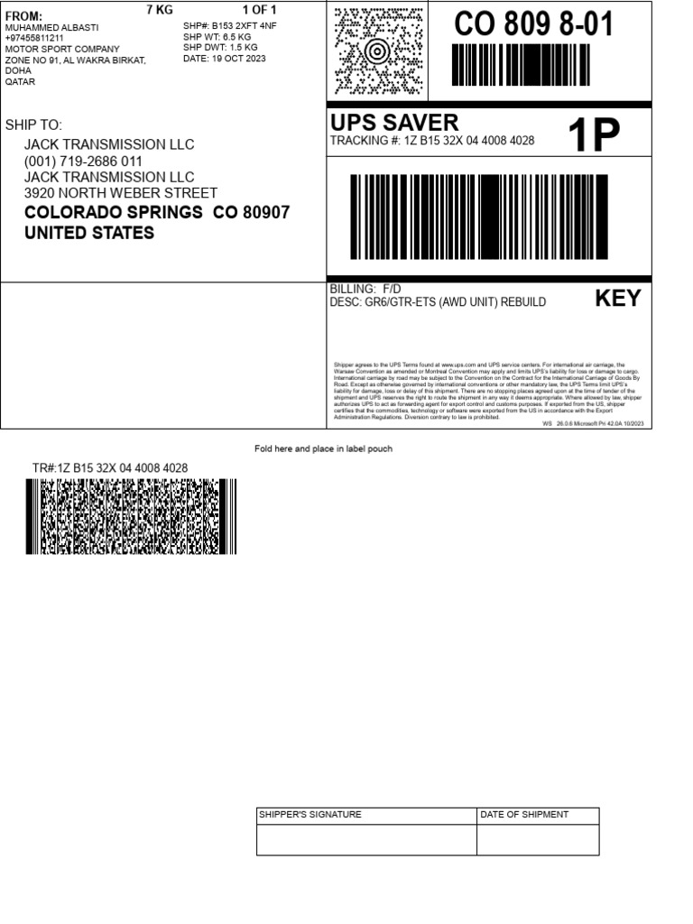 Jack Transmission LLC Awb | PDF | Cargo | Freight Transport