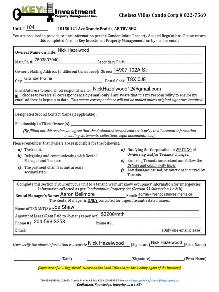 Chelsea Villas Owner Information Form | PDF | Leasehold Estate ...