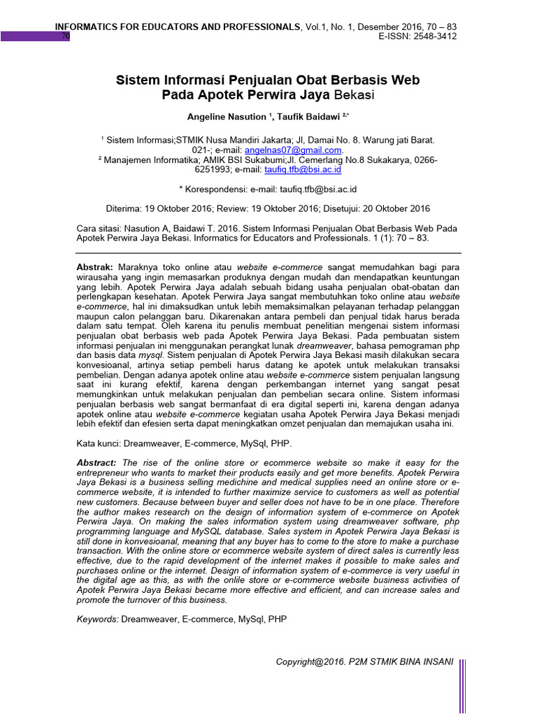 Sistem Informasi Penjualan Obat Berbasis Web Pada Apotek Perwira Jaya Bekasi | PDF