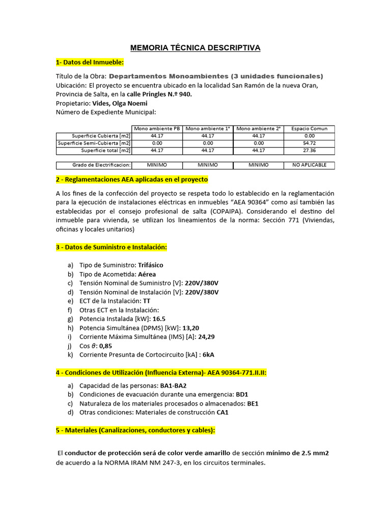 Memoria Tecnica Descriptiva Olga | PDF | Ingenieria Eléctrica | Física Aplicada e Interdisciplinaria