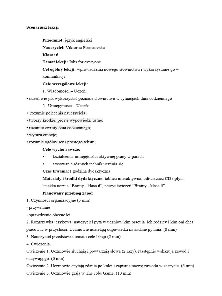 Scenariusz Lekcji | PDF