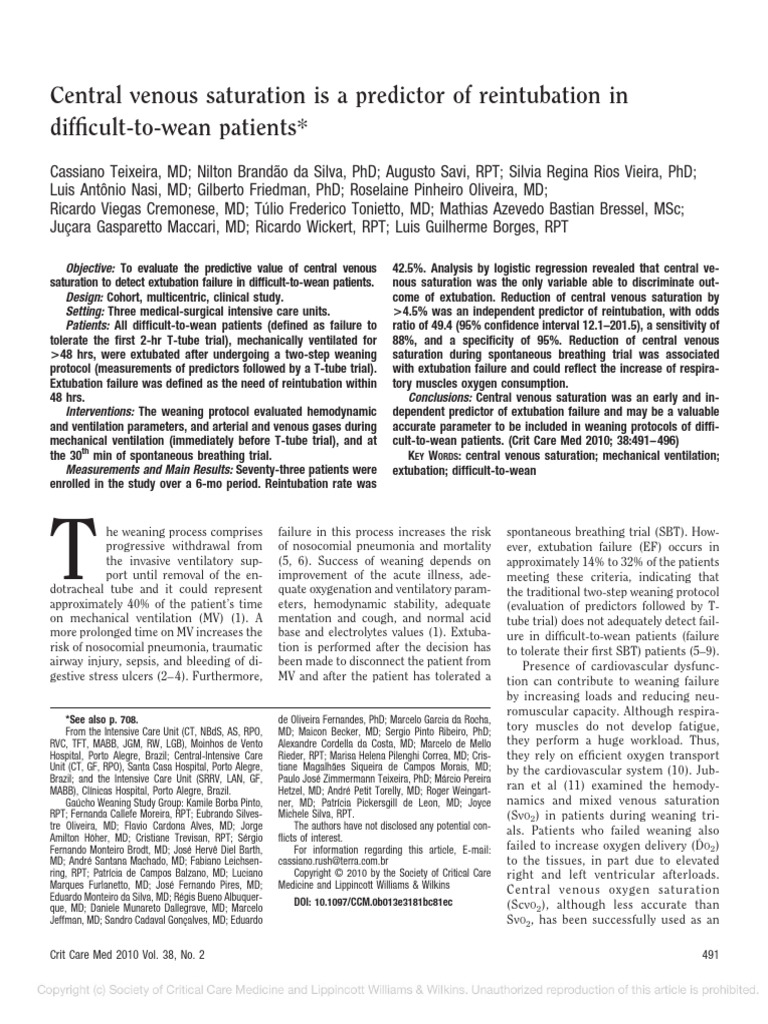 Central Venous Saturation Is A Predictor of Reintubation - Obligatoria ...