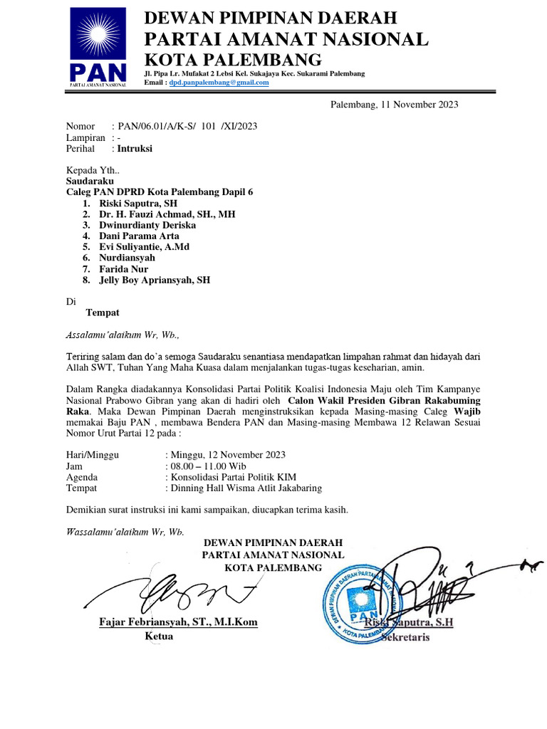 Surat Instruksi Caleg Dapil 6 | PDF