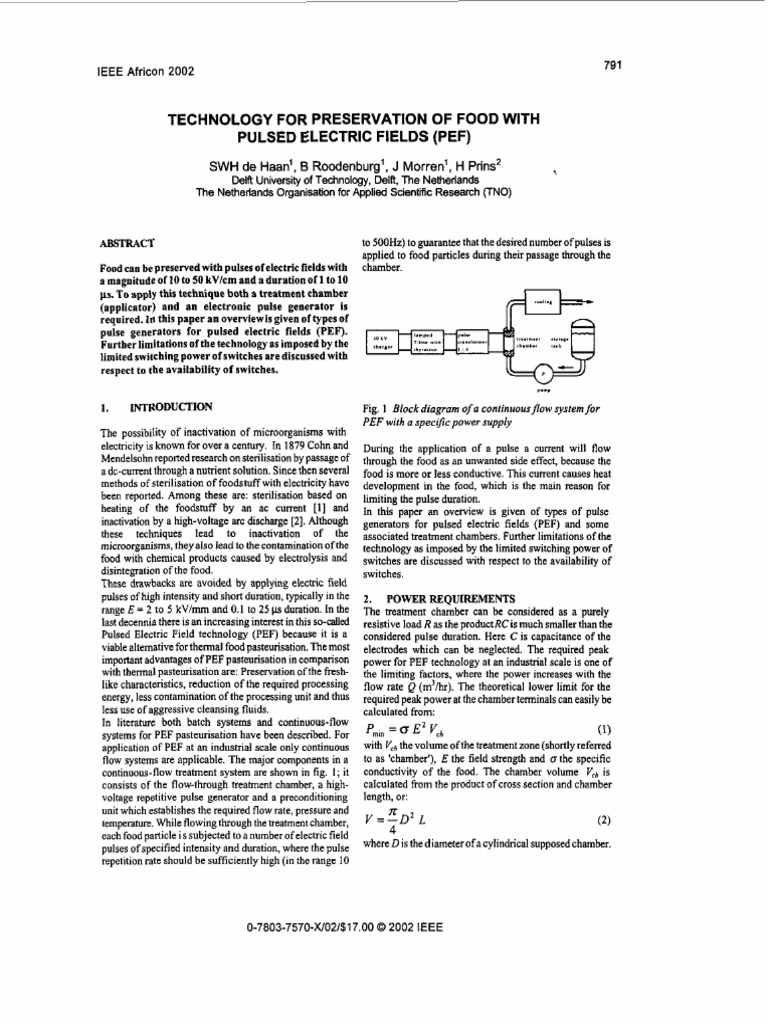 Technology For Preservation of Food With Pulsed Electric Fields | PDF | Electrical Resistivity ...