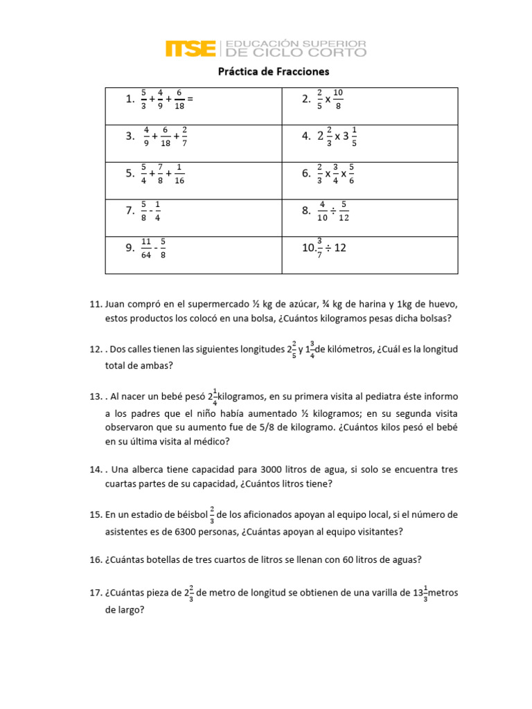 Práctica de Fracciones | PDF | Kilogramo