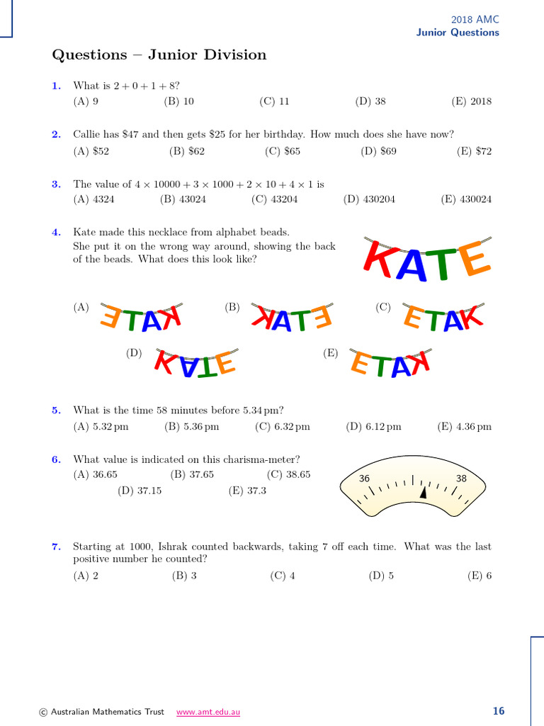 2018 Australian Mathematics Competition AMC Juniors Years 7 And 8
