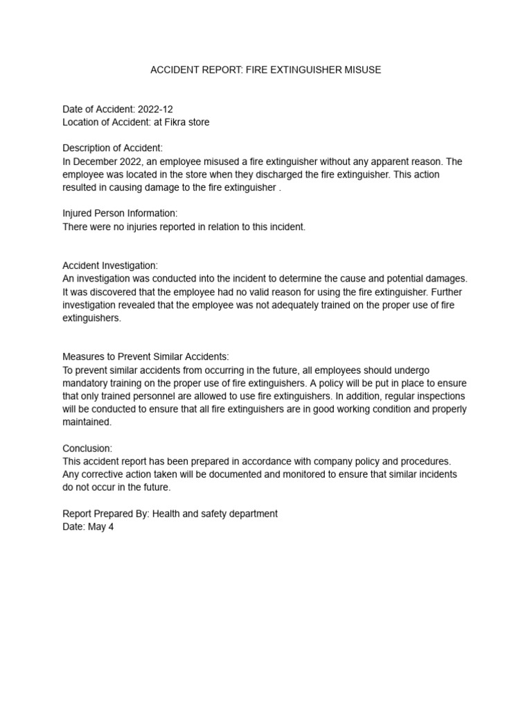 Fire Extinguisher Misuse Report | PDF