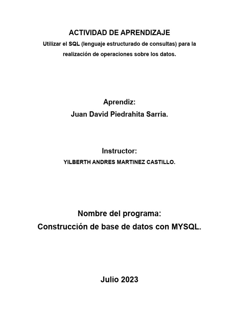 Trbajo Mysql | PDF | Mi sql | Bases de datos