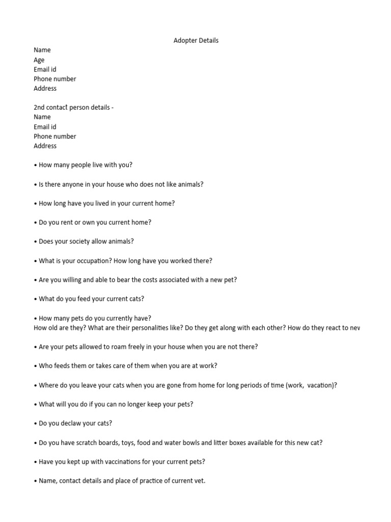 Pet Adoption Questionnaire Template | PDF