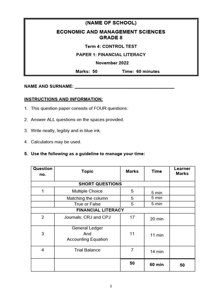 GR8 Ems Nov Test P1 2022 | PDF | Debits And Credits | Financial Services