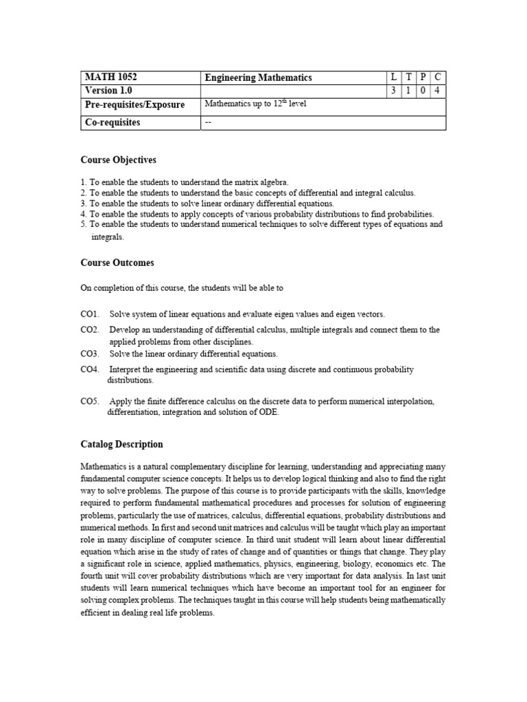 MATH 1052 - Engineering Mathematics SOCS | PDF | Integral ...