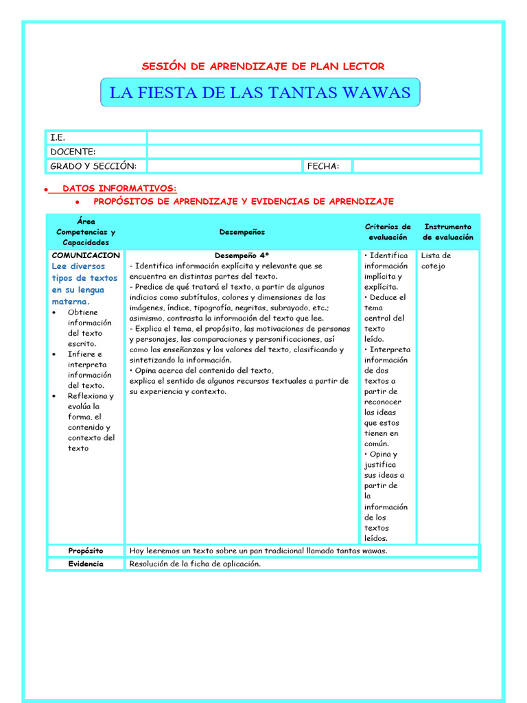 4° Ses P.L Vier 1 Tanta Wawa | PDF | Evaluación | Aprendizaje