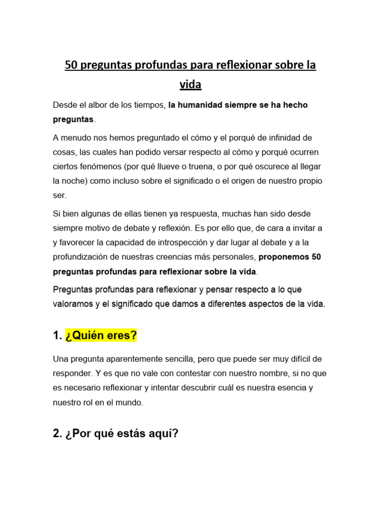 50 preguntas profundas para reflexionar sobre la vida | PDF ... 50 preguntas profundas para reflexionar sobre la vida | PDF ...