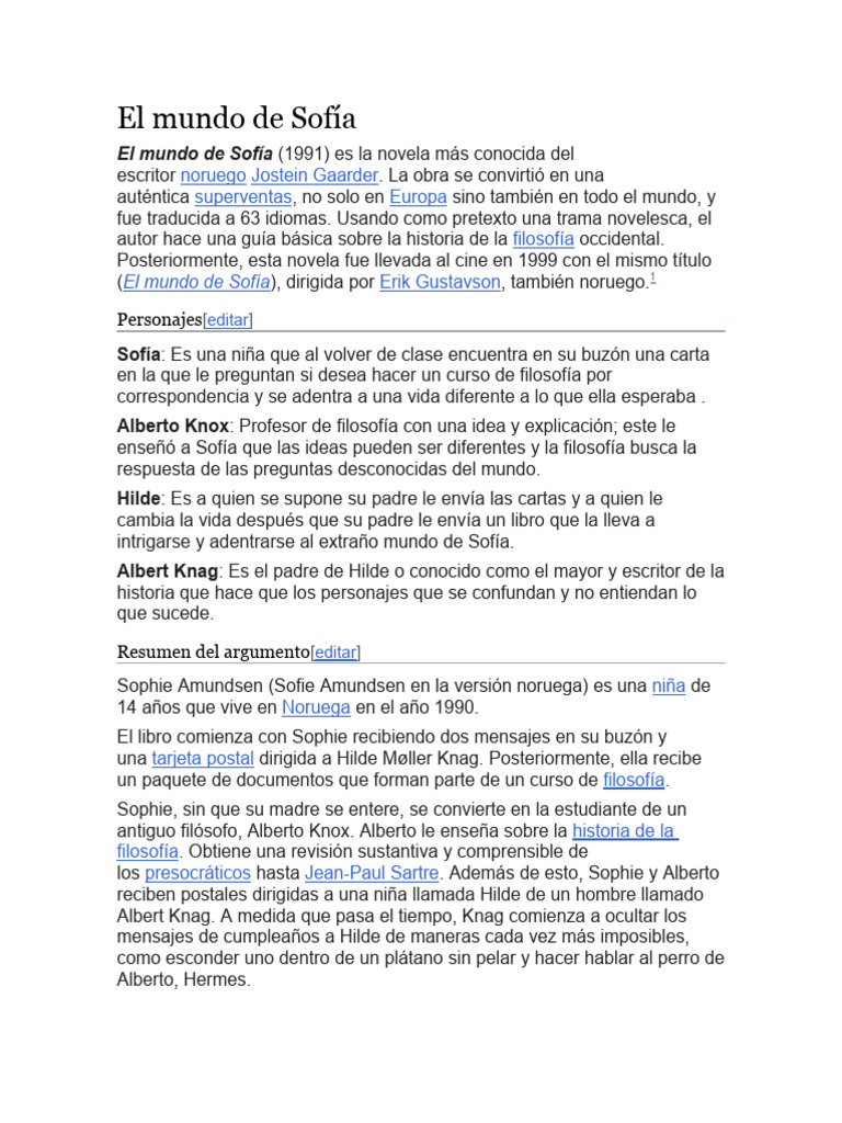 Personajes de "El mundo de Sofía" | PDF