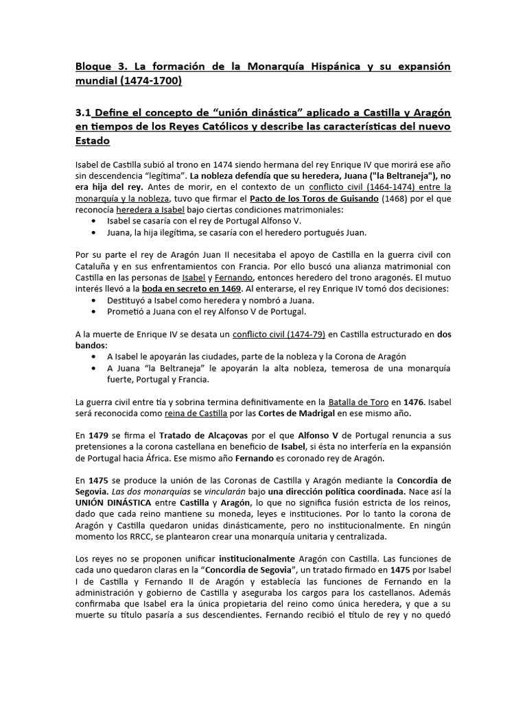 Bloque 3.1 Define El Concepto de Unión Dinástica Aplicado A Castilla y A Aragón en Tiempos de ...
