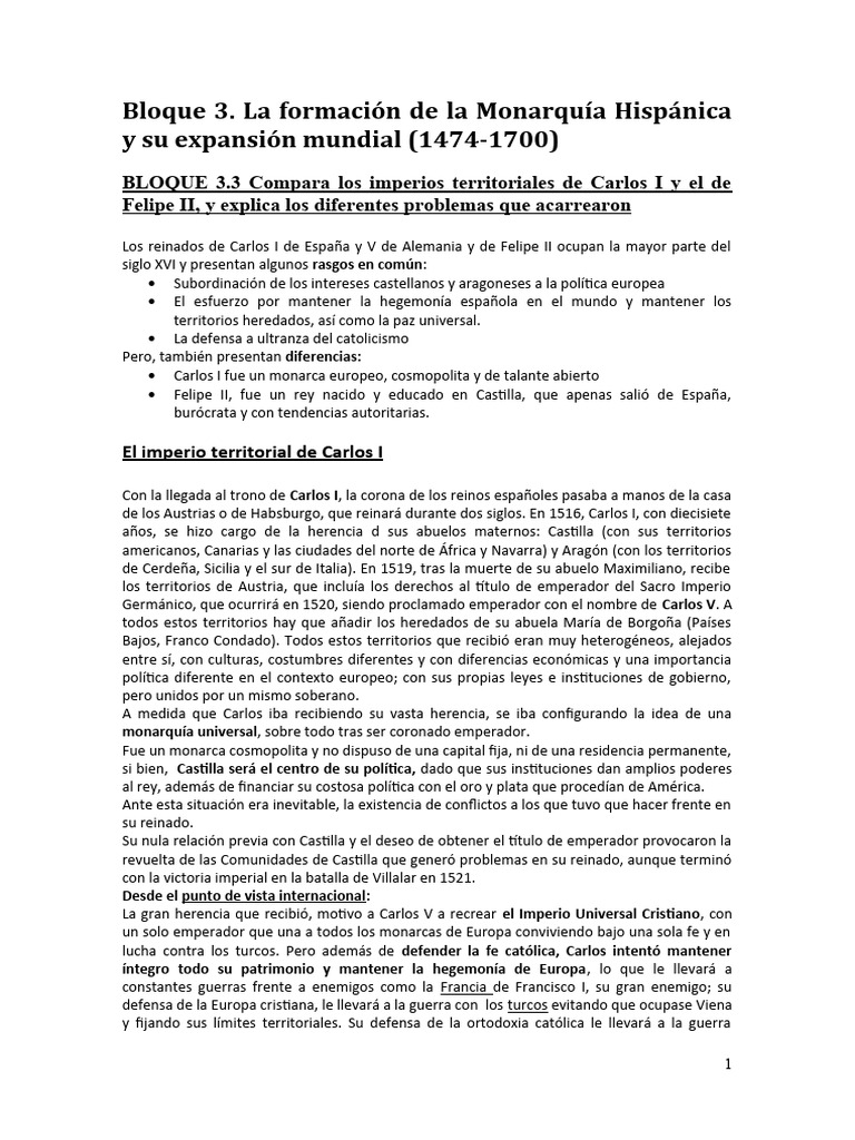 Bloque 3.3 B-Compara Los Imperios Territoriales de Carlos I y Felipe II | Descargar gratis PDF ...