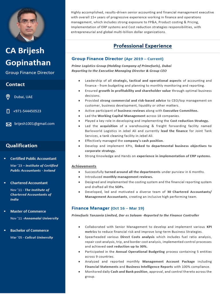 Brijesh Gopinathan Resume Final | PDF | Accounting | Chief Financial ...