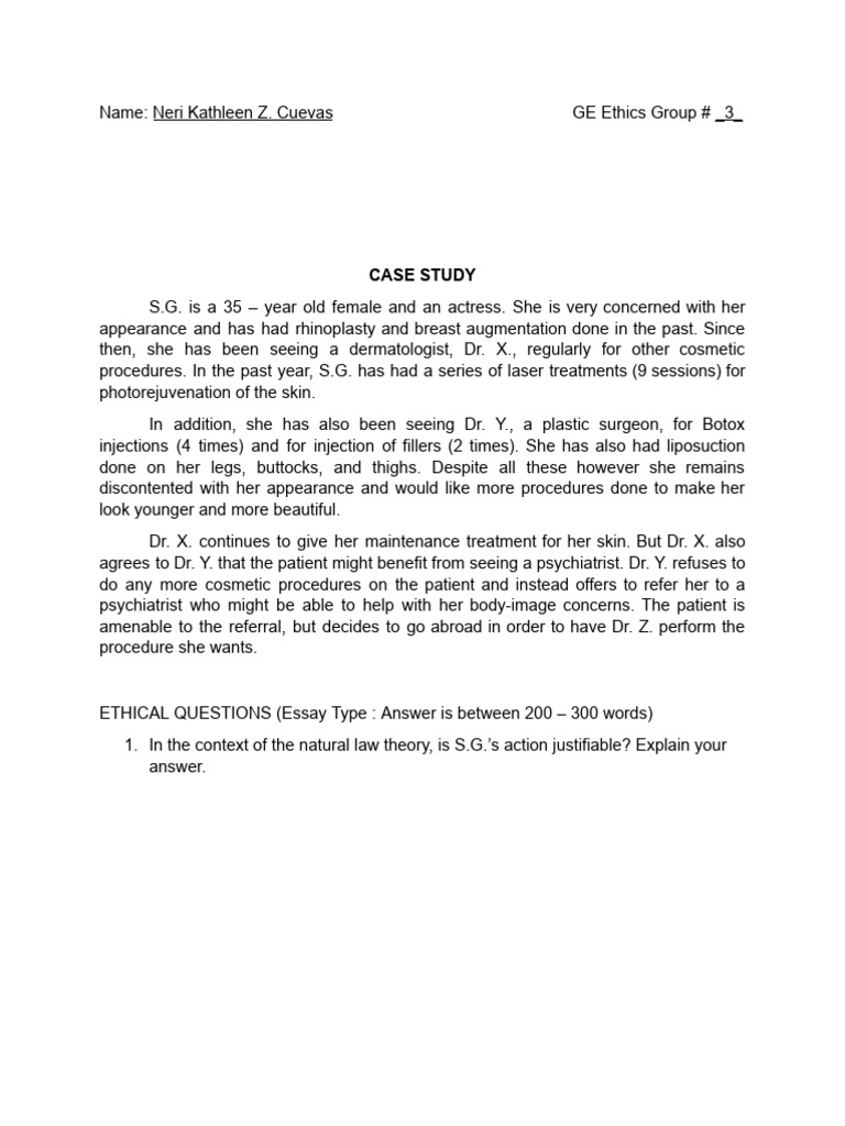 BSA-Group 3 - Natural Law Case Study | PDF | Plastic Surgery | Psychiatry