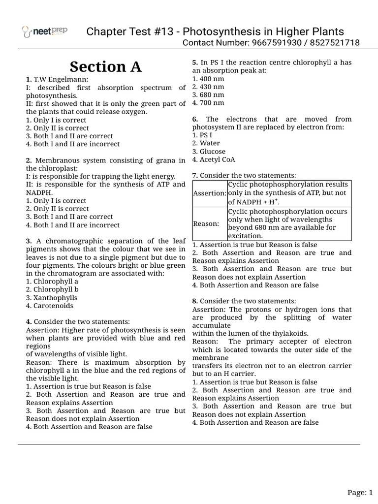 Photosynthesis in Higher Plants Test | PDF | Photosynthesis ...