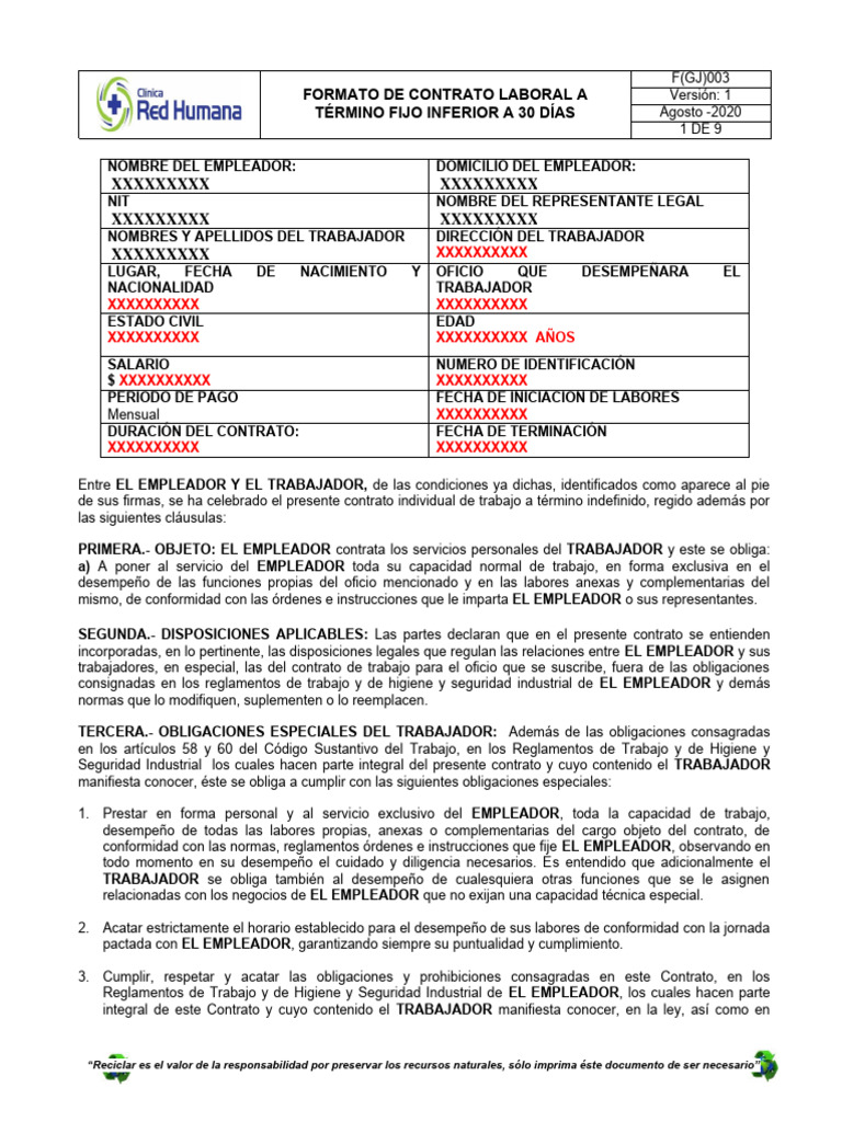 F (GJ) 003 Formato de Contrato Laboral A Término Fijo Inferior A 30 Días | PDF | Derecho laboral ...