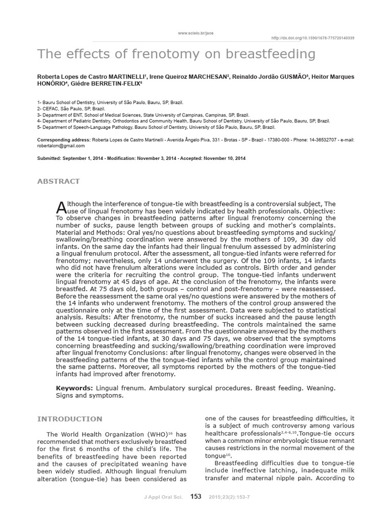 2015 Martinelli Et Al The Effects of Frenotomy On Breastfeeding | PDF ...