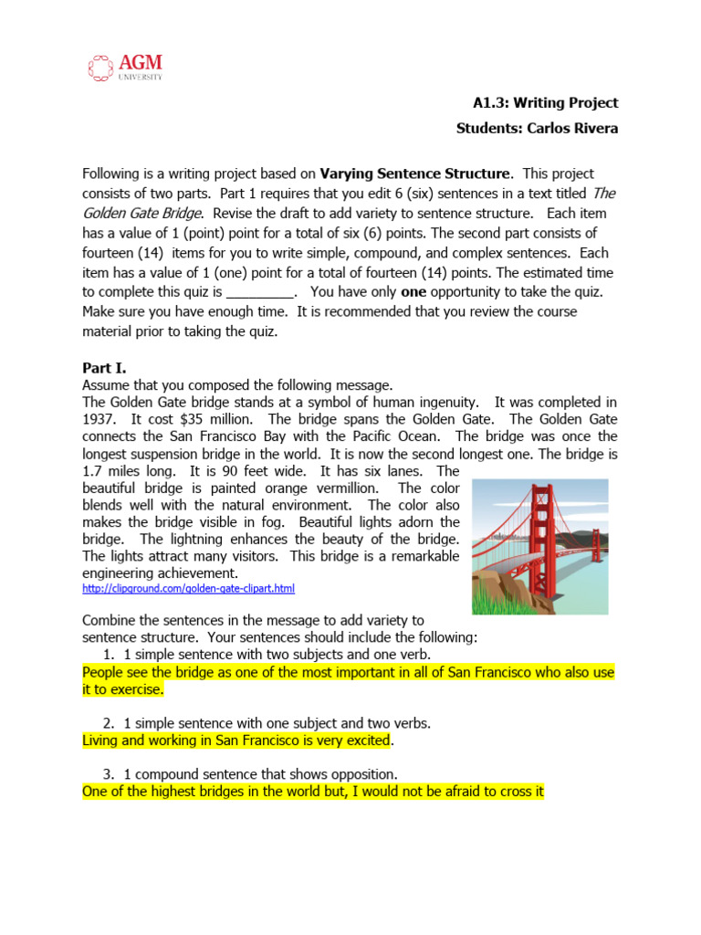 A1.3 Writing Project | PDF | Subject (Grammar) | Sentence (Linguistics)