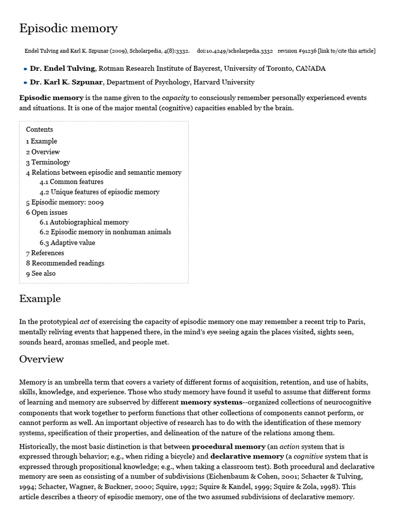 Episodic Memory - Scholarpedia | PDF | Memory | Experience