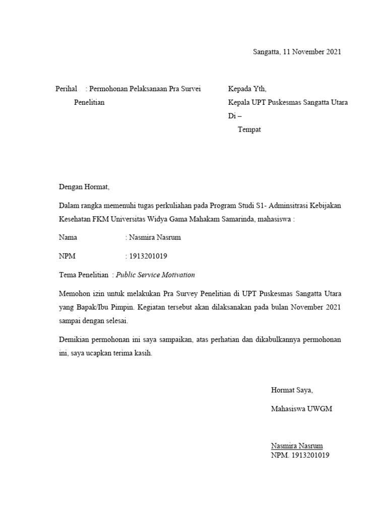 Surat Permohonan Pra Survey | PDF