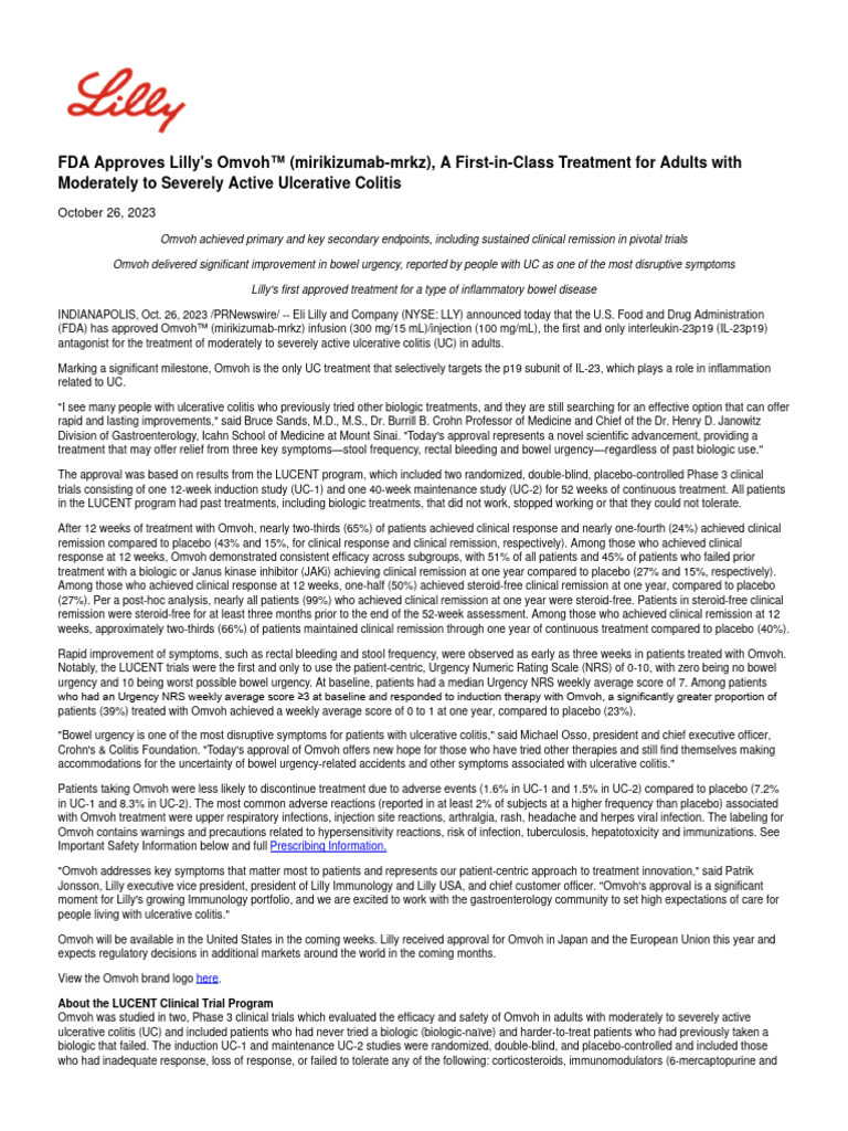 FDA Approves Lilly's Omvoh_ (mirikizumab-mrkz), A First-in-Class ...