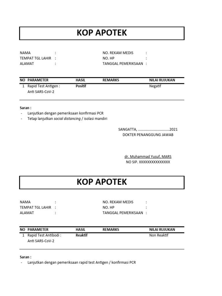 Form Hasil Rapid Test Antibodi - Antigen | PDF
