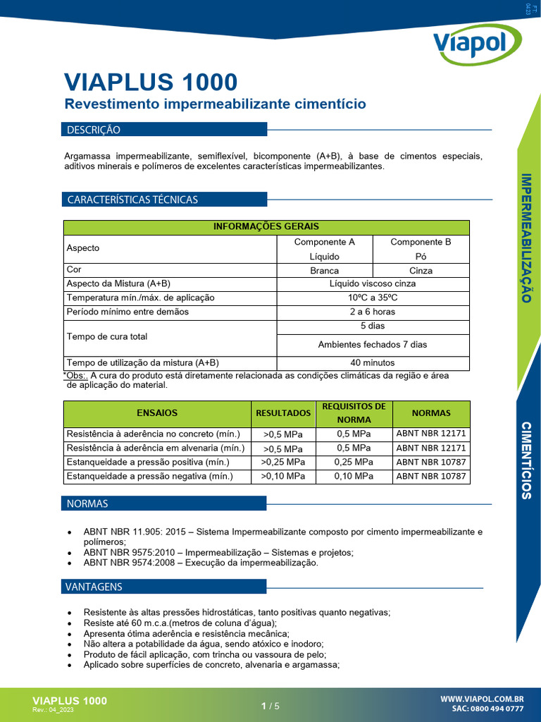 FT Viaplus 1000 07 06 2023 NF | PDF | Argamassa (alvenaria) | Cimento