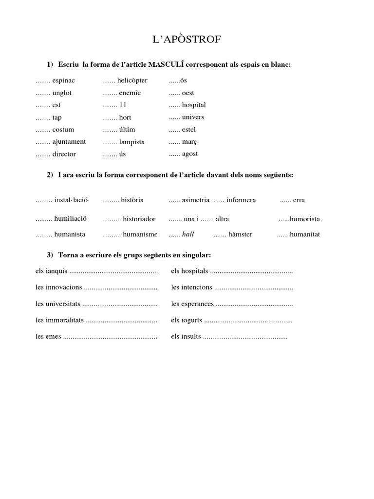 Exercicis de l'apòstrof i la contracció PER IMPRIMIR (1) | PDF