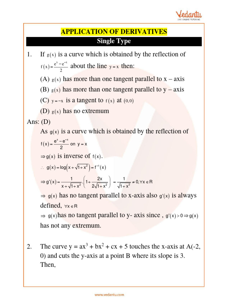 JEE Advanced Applications of Derivatives Important Questions | PDF ...