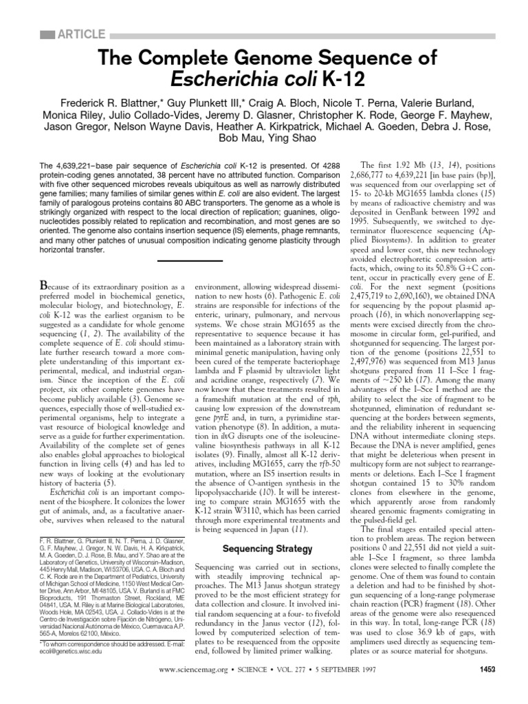 The Complete Genome Sequence of Escherichia Coli K-12 - Science.277. ...
