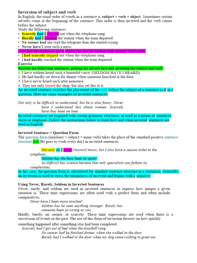 Inversion of Subject and Verb | PDF | Subject (Grammar) | Verb