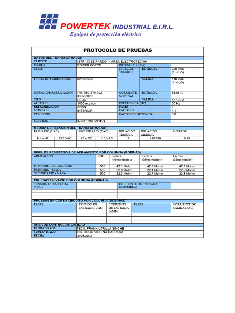 Practica Protocolo de Pruebas 1 - Utrilla Sinche | PDF | Transformador | Cantidades fisicas