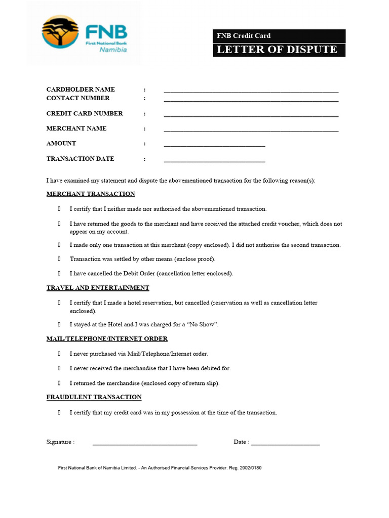 FNB Credit Card Dispute Letter Template | PDF