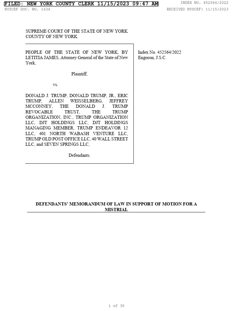 Trump Motion For Mistrial Letitia James New York | PDF | Discovery (Law ...
