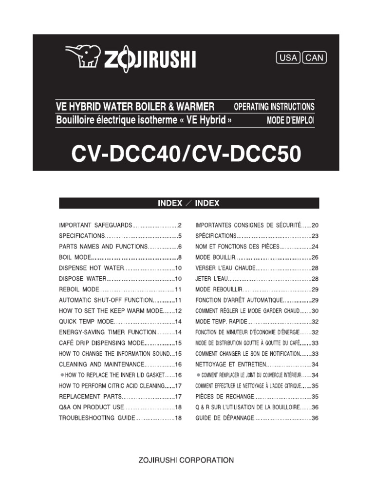 ZOJIRUSHI CV-DCC40 (VE Hydrid Water Boiler & Warmer) Operating ...