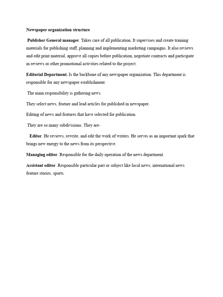Newspaper Organization Overview | PDF | Newspapers | Copy Editing