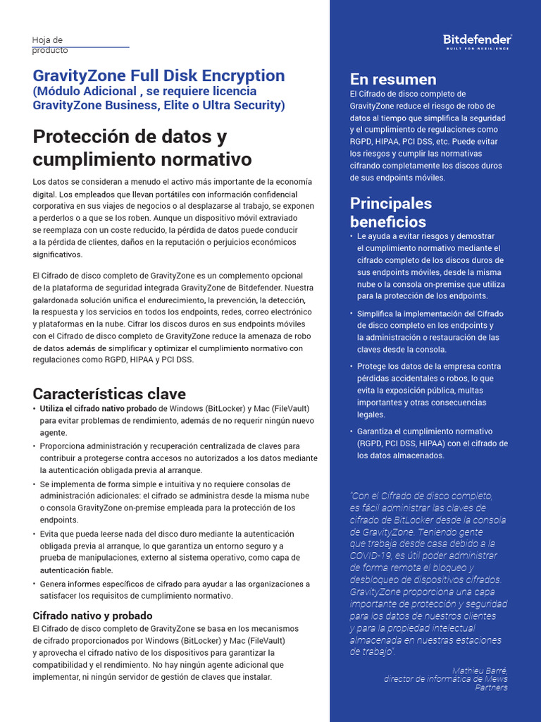 Bitdefender GravityZone Full Disk Encryption Datasheet - Es | PDF | Autenticación | Computación ...