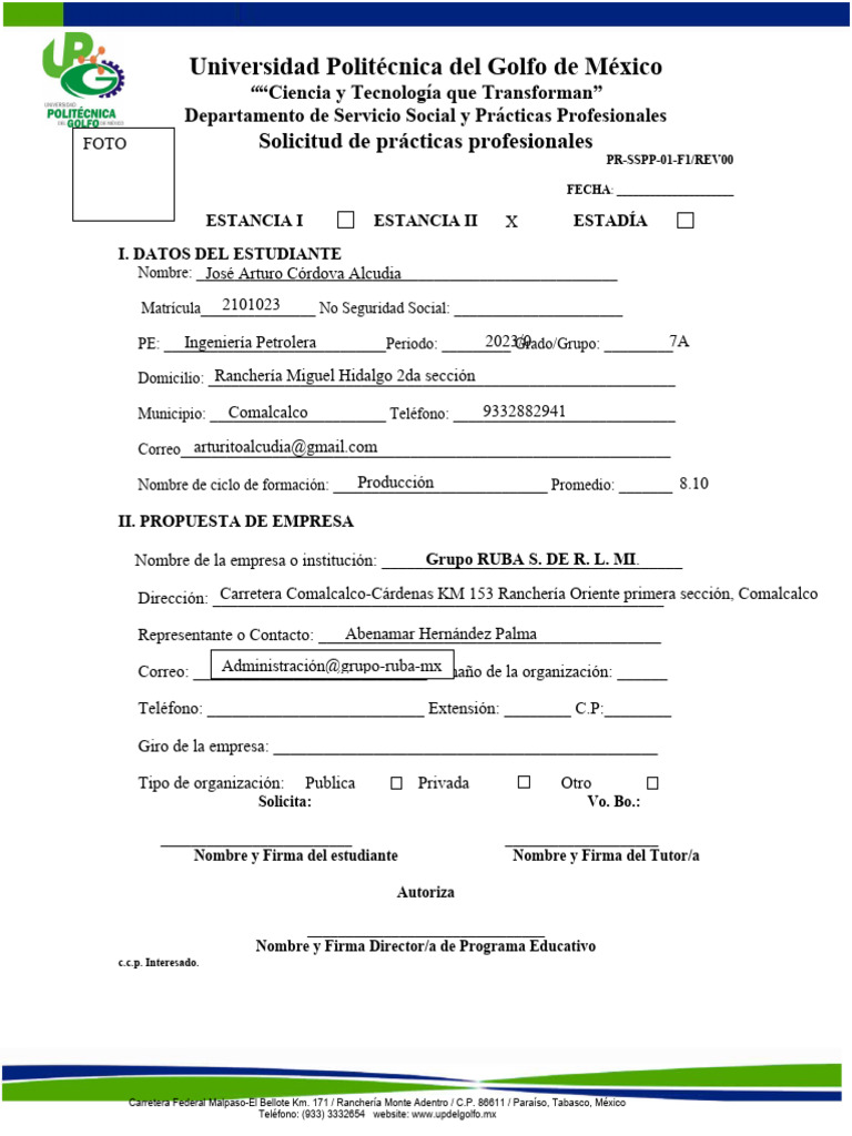 Solicitud de Prácticas Profesionales PR SSPP 01 F1 | PDF | Business ...