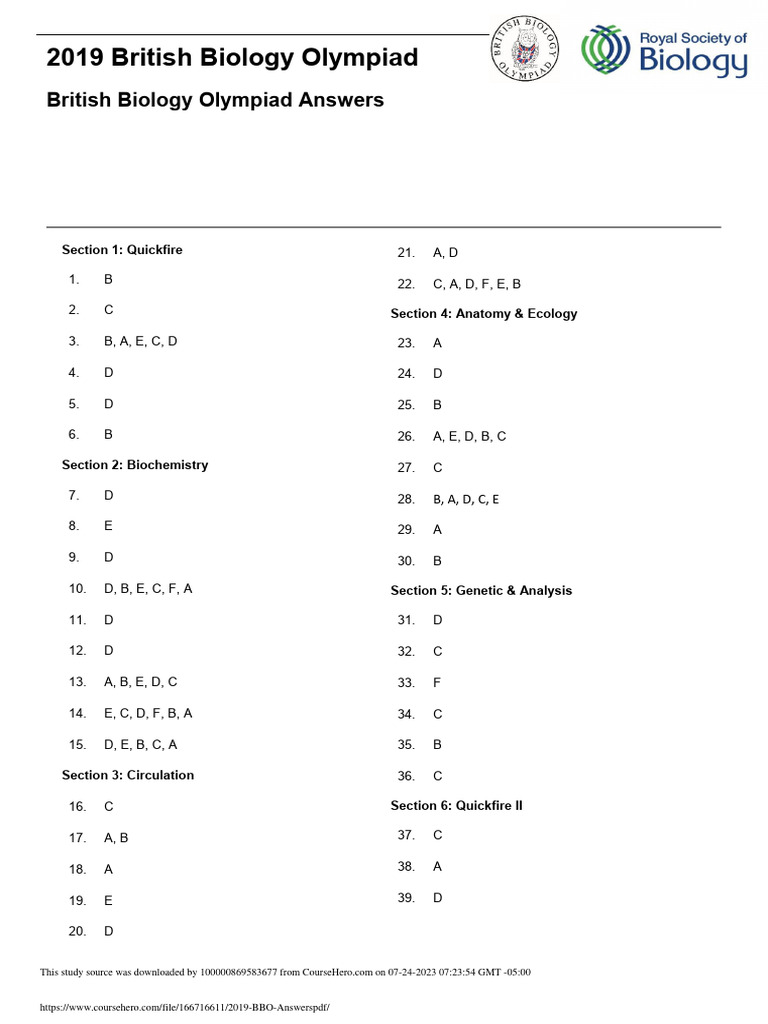 2019 BBO Answers | Download Free PDF | Biology | Life Sciences