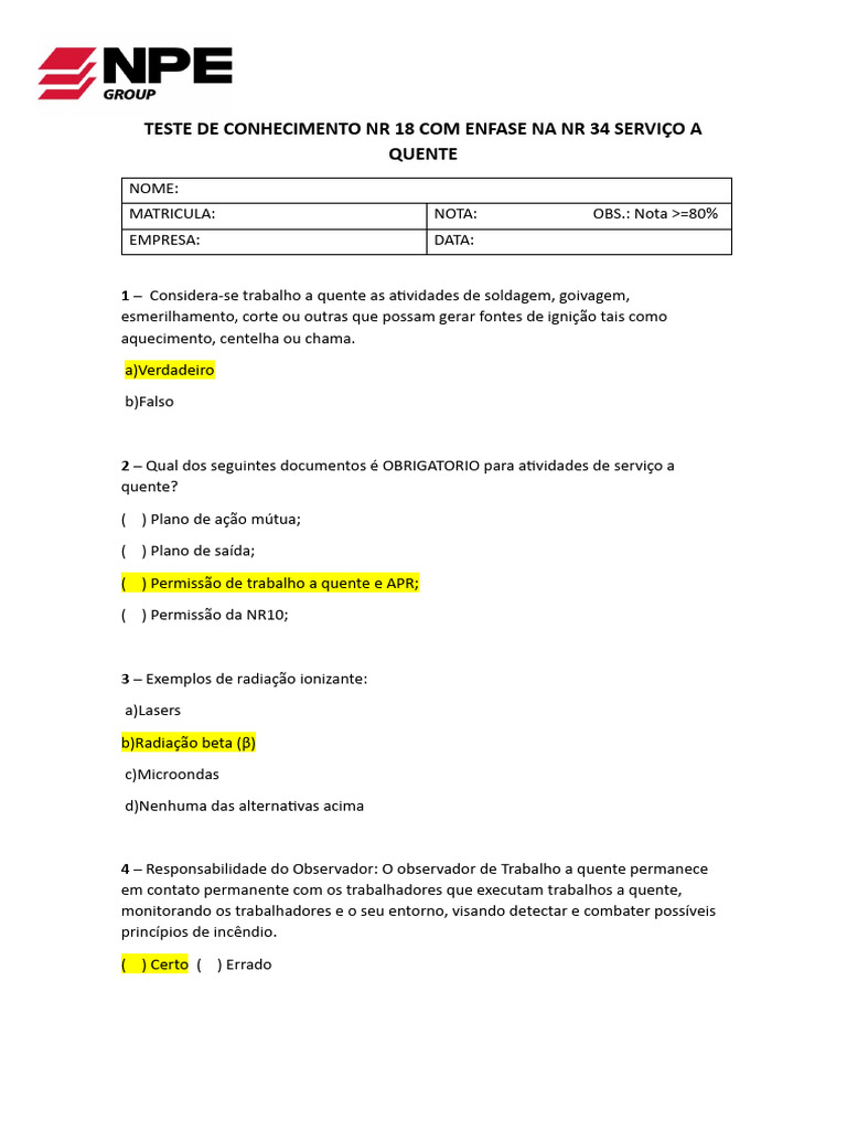 Prova NR 34 Gabarito | PDF