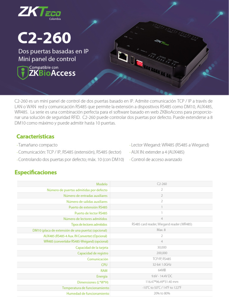 C2 260 Control de Acceso Zkteco Colombia Biometria Ficha Tecnica | PDF | Electrónica | Informática