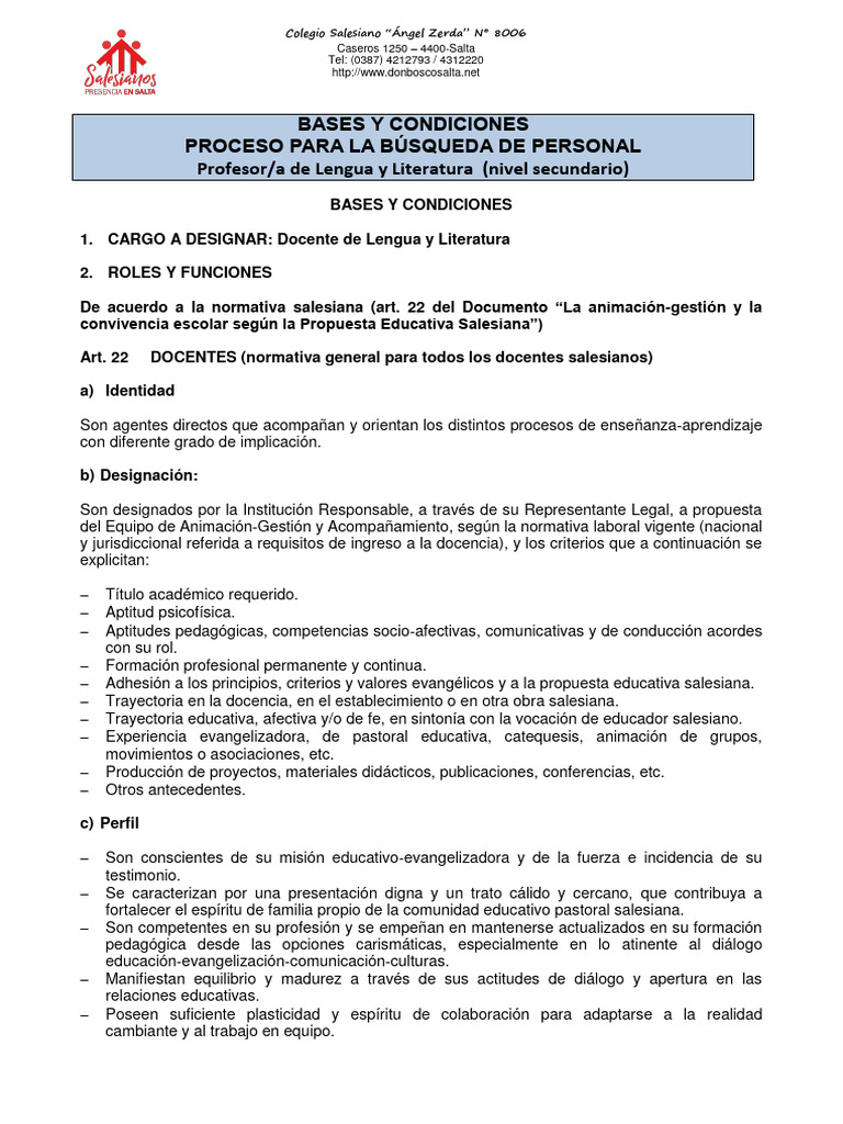 Bases y Condiciones PROF LENGUA | PDF | Enseñando | Maestros