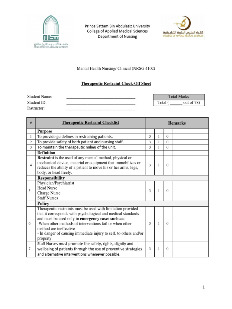 3-Therapeutic Restraint Checklist | PDF | Psychiatry | Nursing