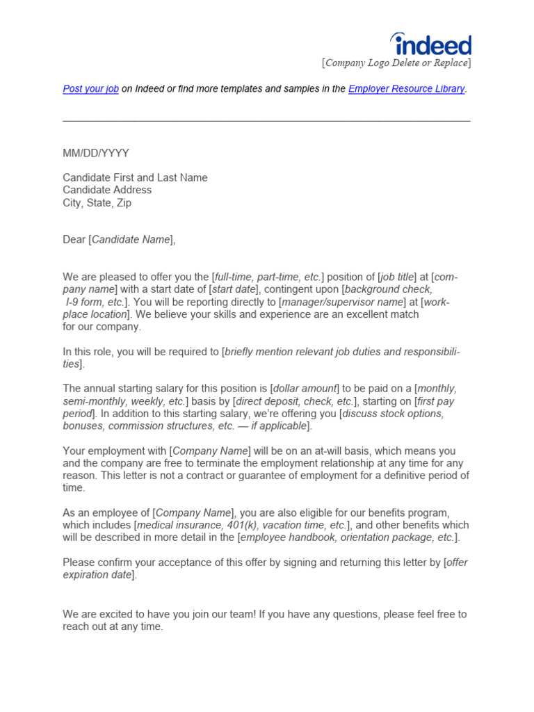 Job Offer Letter Template - Indeed | PDF
